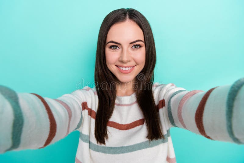 Photo Of Cheerful Pretty Influencer Lady Hold Camera Take Selfie Wear