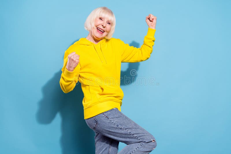 Photo Of Hooray Funny Short Hairdo Old Lady Hands Fists Wear Blouse