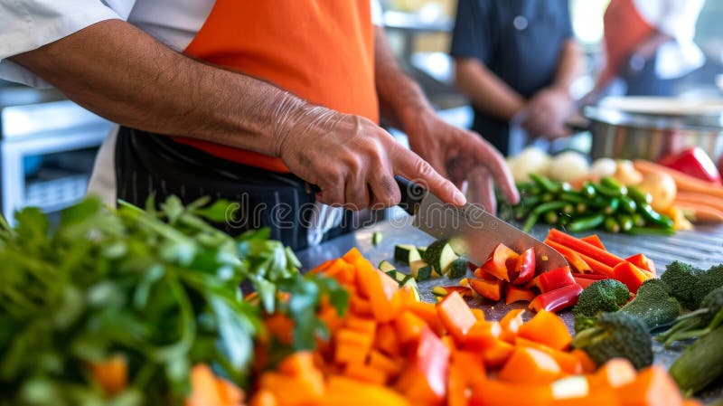 Chef Slicing Vegetables in a Commercial Kitchen Stock Image - Image of ...