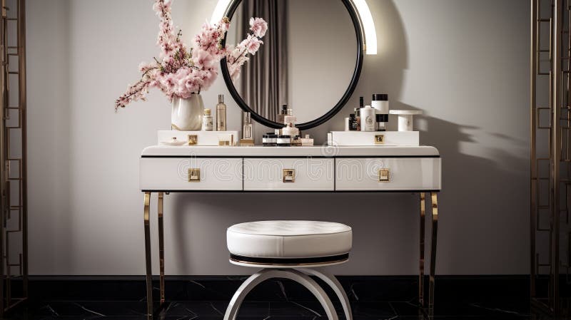 A Photo of a Chic Vanity Table and Mirror Stock Illustration ...