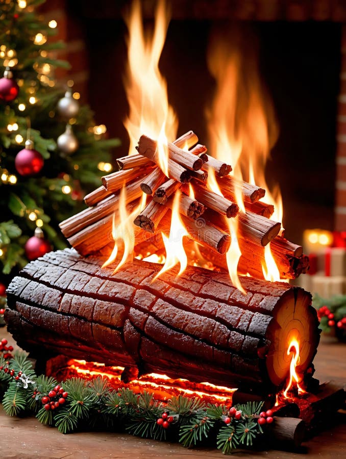 Photo of Christmas Yule Log Burning Brightly. Generative AI Stock ...