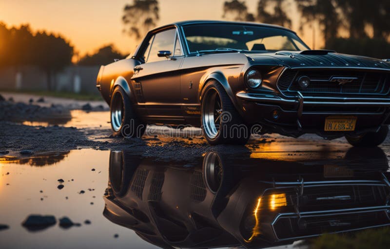 A Photo Classic Car Model at a Sunset, 3d Render Stock Illustration ...