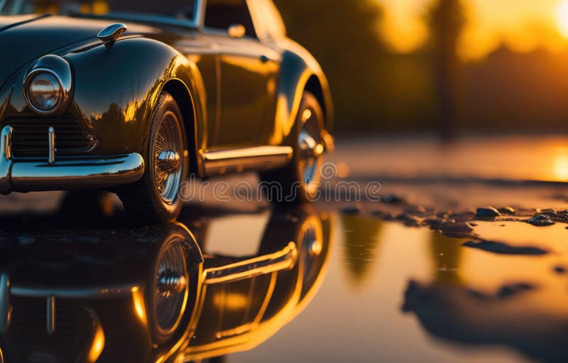 A Photo Classic Car Model at a Sunset, 3d Render Stock Illustration ...