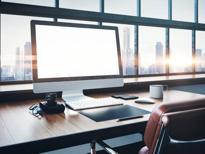 Photo of Classic Workspace with Panoramic Windows Stock Image - Image ...