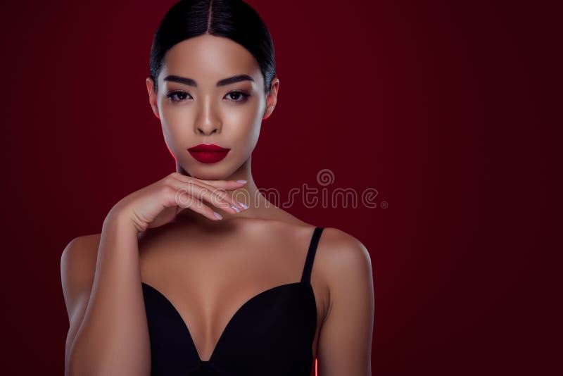 Photo Of Classy Lady Celebrity Touching Face Have Event Wealthy Date On Ruby Color Background