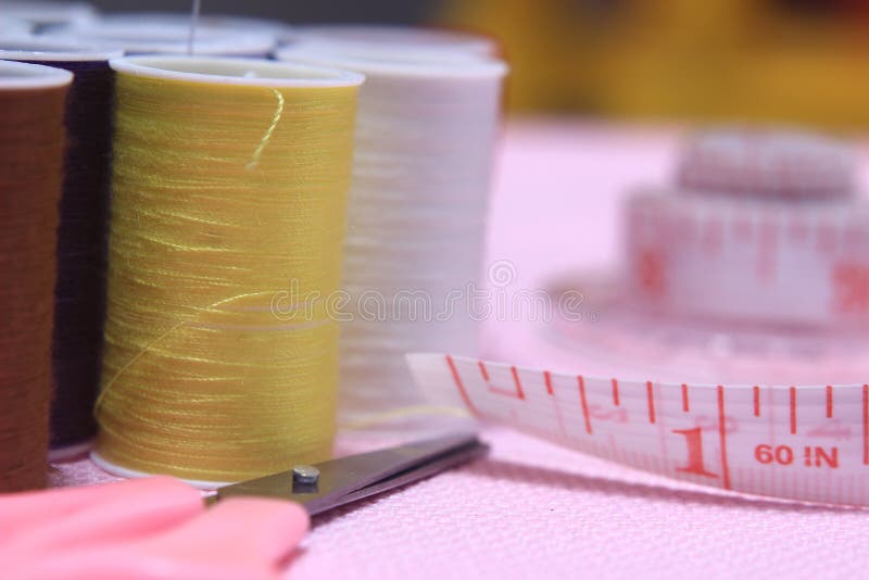 Close Up View, Needle, Scissor, Thread, Tailor Meter, at Pink ...