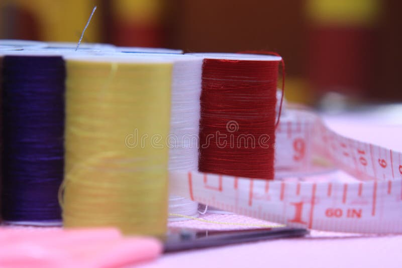 Close Up View, Needle, Scissor, Thread, Tailor Meter, at Pink ...