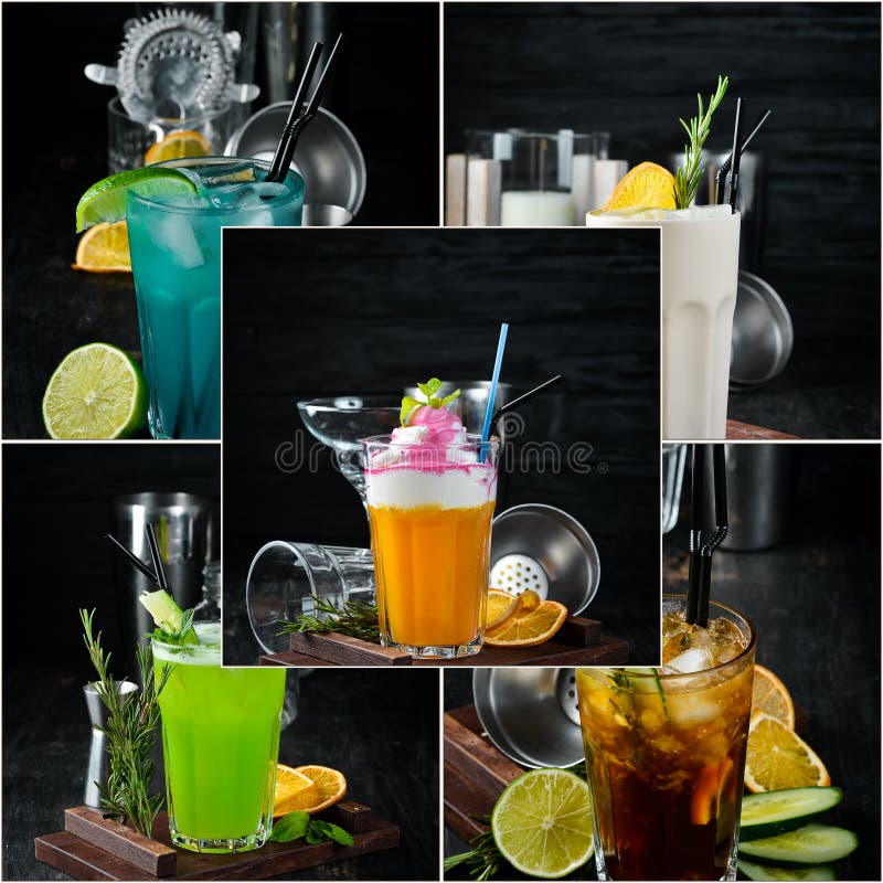 Photo Collage Alcoholic Colored Cocktails and Drinks Stock Image ...