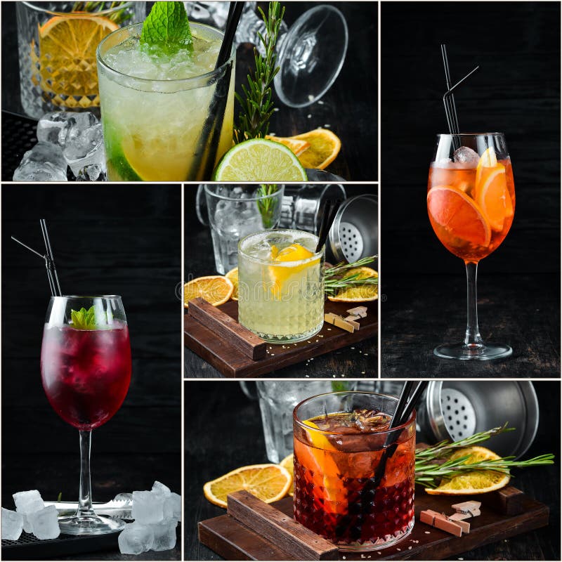 Photo Collage Alcoholic Colored Cocktails and Drinks Stock Image ...