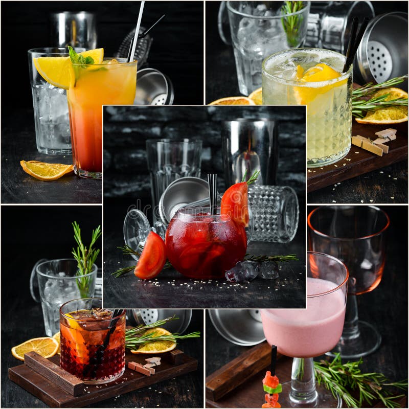 Photo Collage Alcoholic Colored Cocktails and Drink Stock Image - Image ...