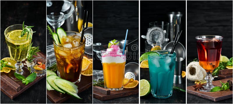 Photo Collage Alcoholic Colored Cocktails and Drinks. Stock Photo ...