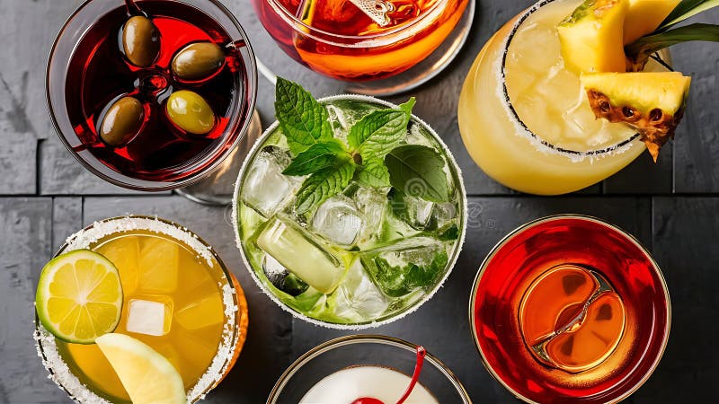 Photo Collage Alcoholic Colored Cocktails and Drinks. Top View Stock ...