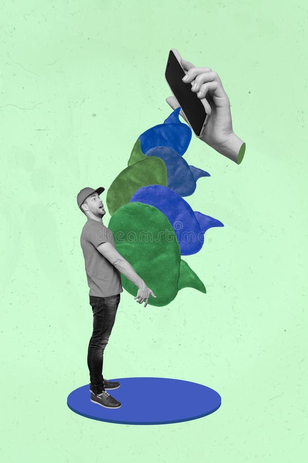 Photo Collage Artwork Minimal Picture of Guy Holding Modern Device Sms ...