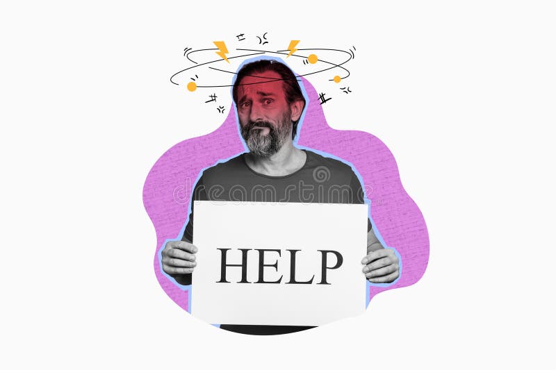 Photo Collage Mature Man Show Help Placard Require Support Mind ...