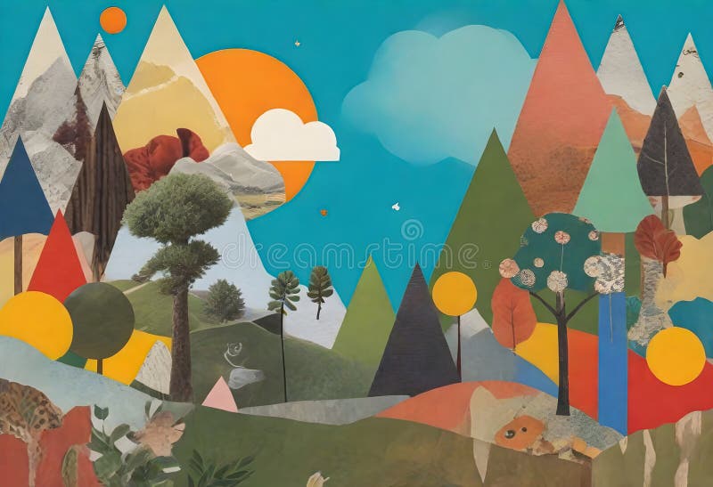 A Photo Collage of a Mountain Landscape with Trees, Animals and ...