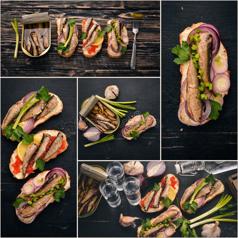 Photo Collage Sprat and a Sandwich. Stock Image - Image of eating ...