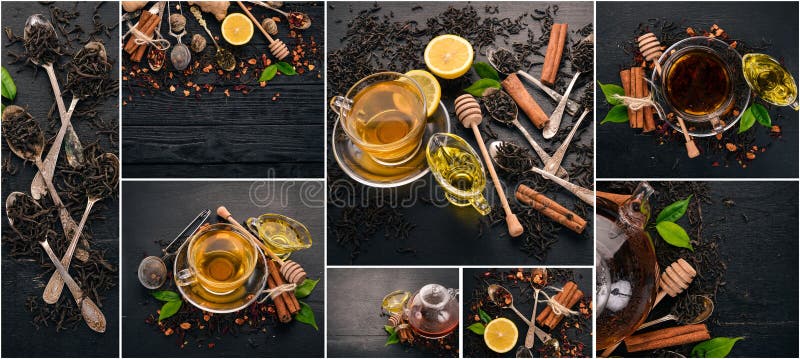 Photo Collage Tea and Tea Leaves. Stock Image - Image of glass, teapot ...