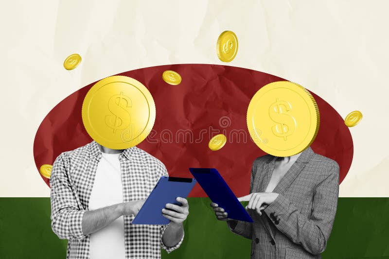 Photo Collage Young Two Traders Colleagues Man Woman Get High Income ...