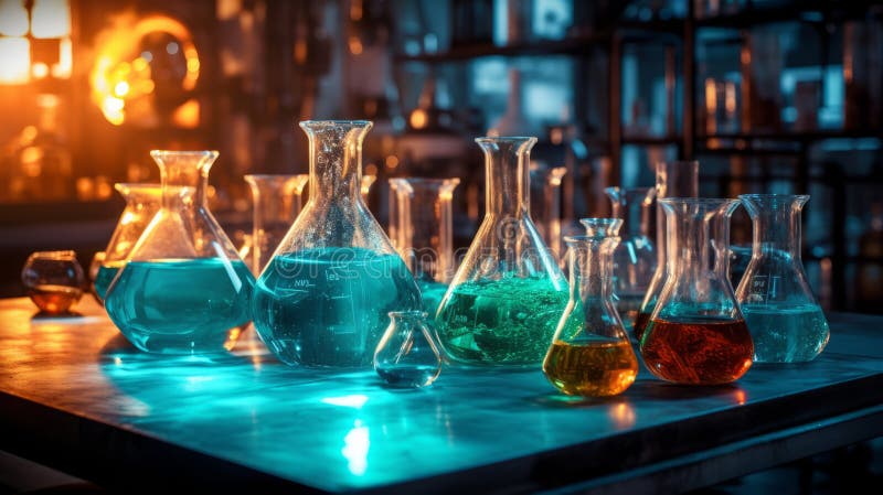 Photo of a Colorful Array of Glass Flasks Filled with Various Liquids ...