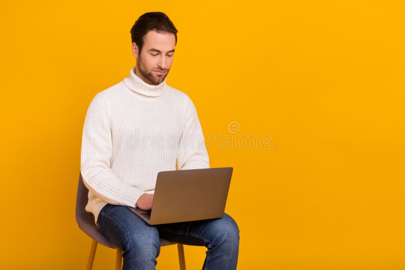 Photo of Confident Programmer Guy Sit Chair Typing Pc Coding Wear White ...