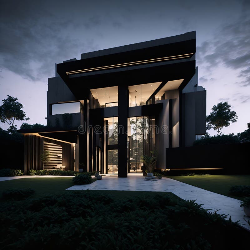 Ai Generated Contemporary House Illuminated in the Dark Stock ...