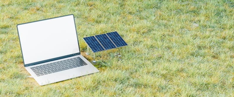 Laptop Next To Solar Panels Figures in the Ground Stock Image - Image ...