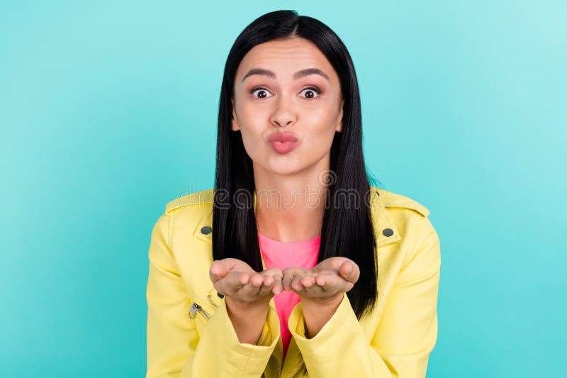 Photo Of Coquette Young Brunette Lady Blow Kiss Wear Yellow Jacket Isolated On Teal Color