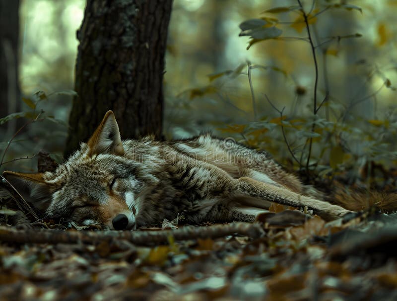 Sleeping Coyote in Forest - Cinematic Photo Stock Illustration ...