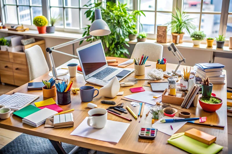 Photo of Creative Chaos in the Workplace Office Desk Stock Illustration ...