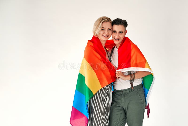 Photo Of Cute Pretty Lesbians Couple Ladies Celebrate Parade Show