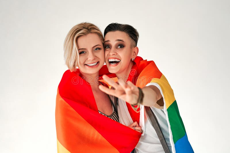 Photo Of Cute Pretty Lesbians Couple Ladies Celebrate Parade Show