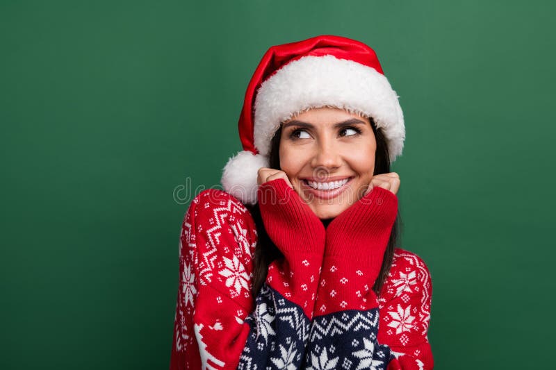 Photo Of Cute Thoughtful Woman Santa Elf Wear Ornament X Mas Pullover