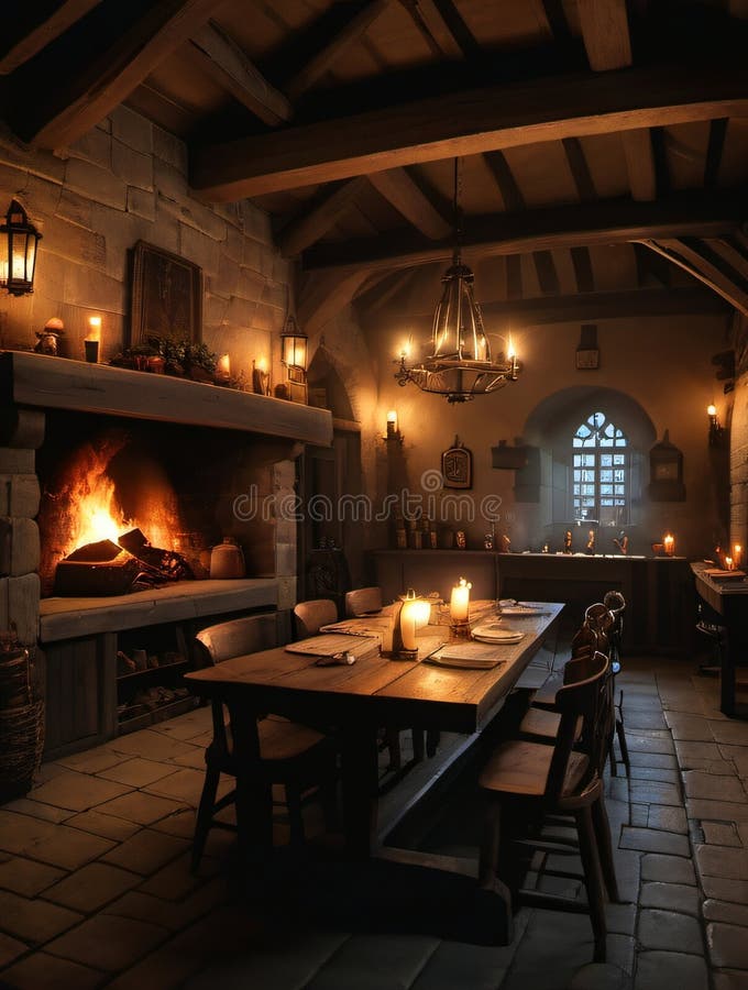 Photo of 3D Rendering of a Medieval Tavern Interior Lit by Candlelight ...