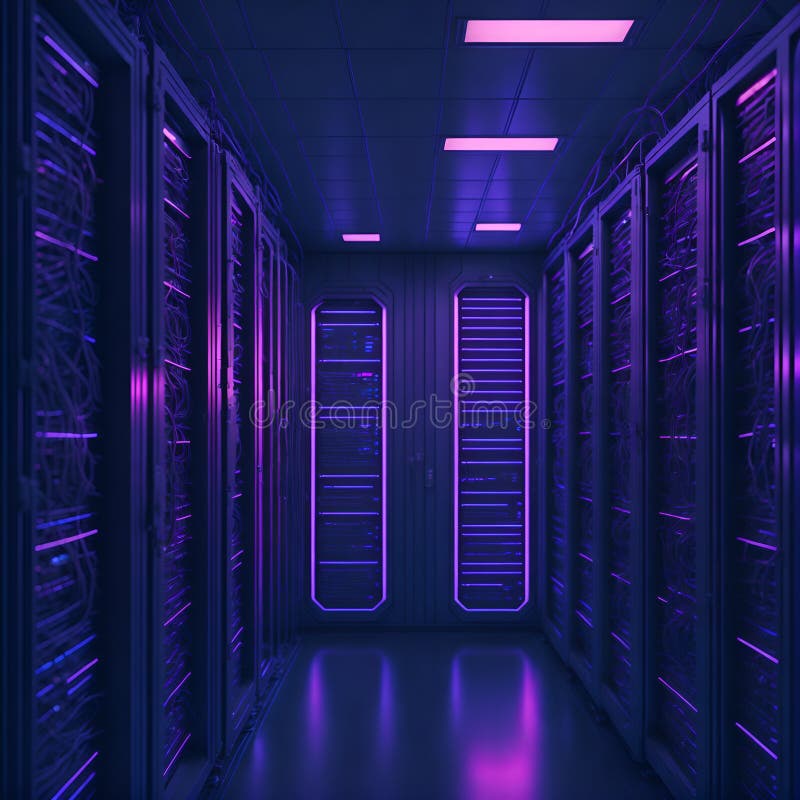 Ai Generated a Data Center with Rows of Servers Illuminated by Purple ...
