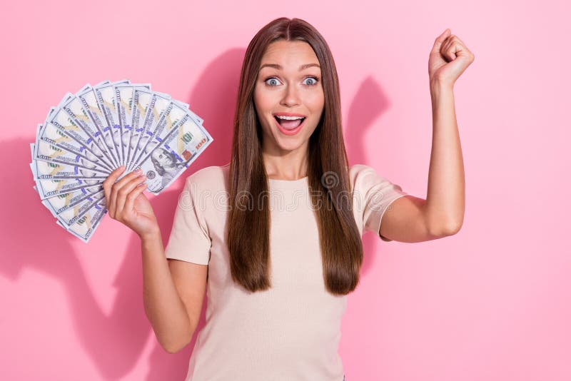 Photo Of Delighted Glad Girl Raise Fist Celebrate Success Hand Hold