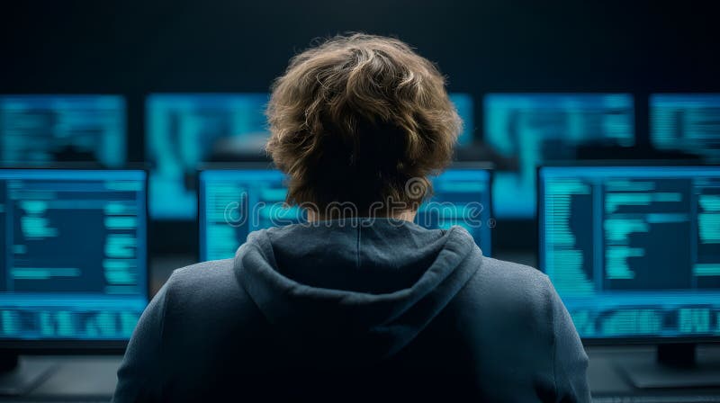 Photo of a Desk with Multiple Monitors Displaying Lines of Code in a Dimly Lit Room, Casting ...