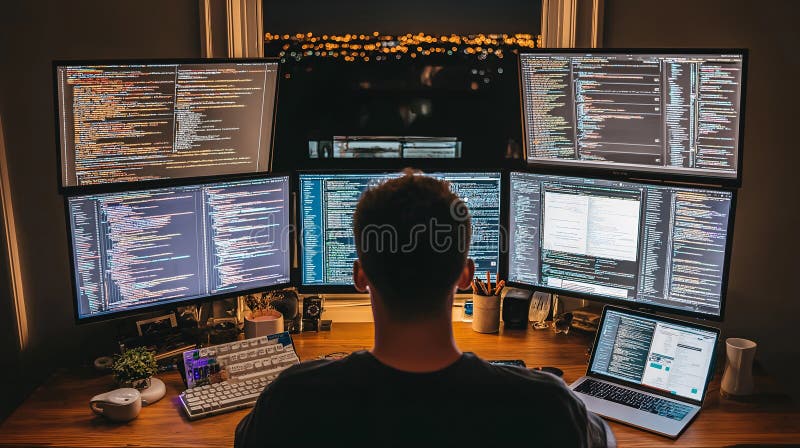 Photo of a Desk with Multiple Monitors Displaying Lines of Code in a Dimly Lit Room, Casting ...