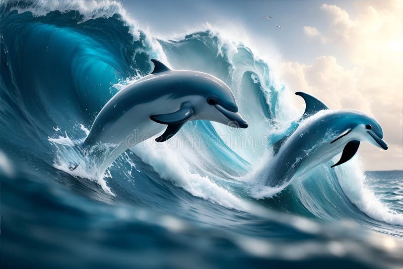 Photo Dolphins Jumping a Wave in the Ocean. Generative AI Stock Photo ...