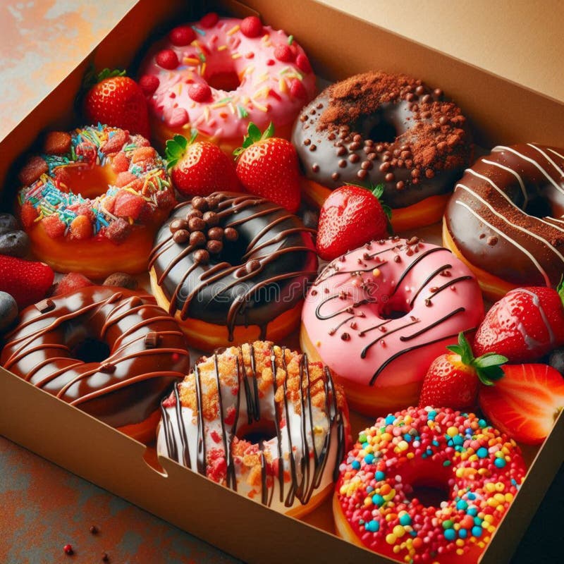 Photo of Donuts with Various Flavors, in a Cake Box Stock Illustration ...