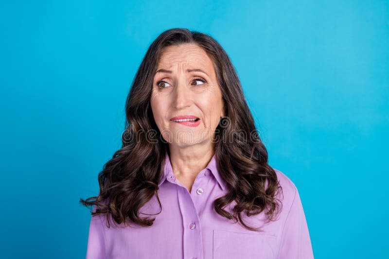 Photo of Doubtful Pretty Lady Dressed Puple Blouse Looking Empty Space ...