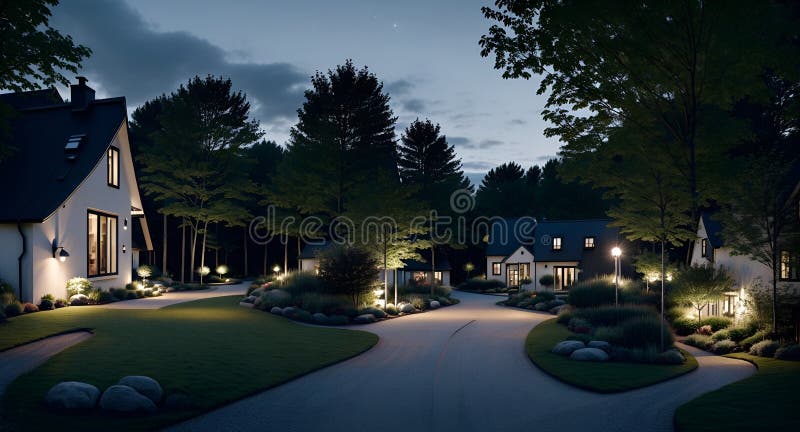 Ai Generated a Driveway Illuminated by Warm Lights at Night Stock ...