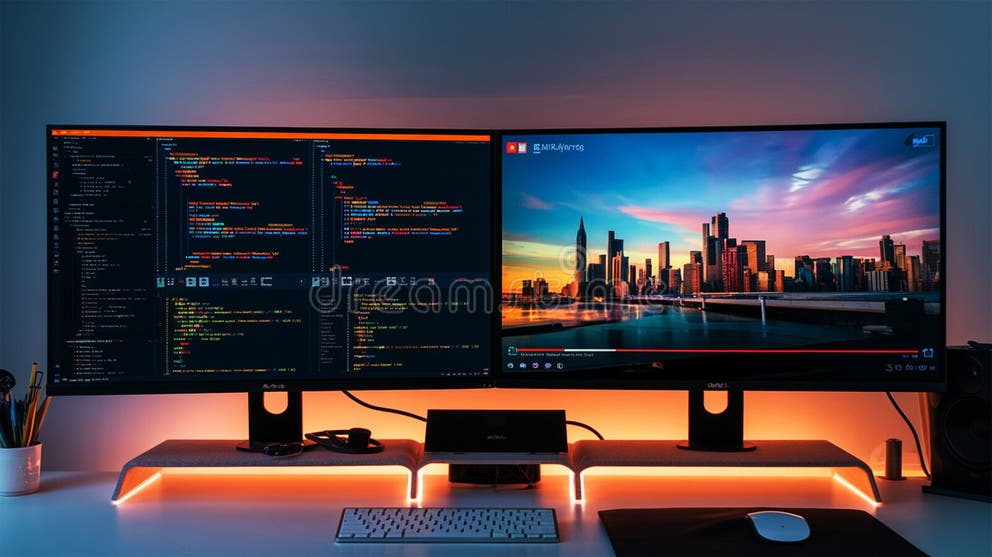 A Photo of a Dual-monitor Setup with a 4K Screen Displaying a Complex Coding Stock Illustration ...