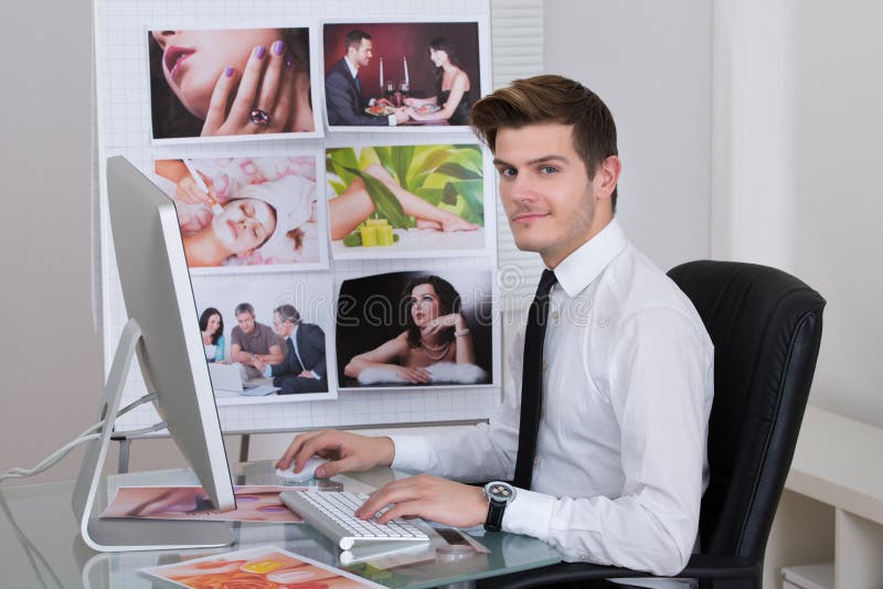 Photo Editor Using Laptop at Desk Stock Image - Image of caucasian ...