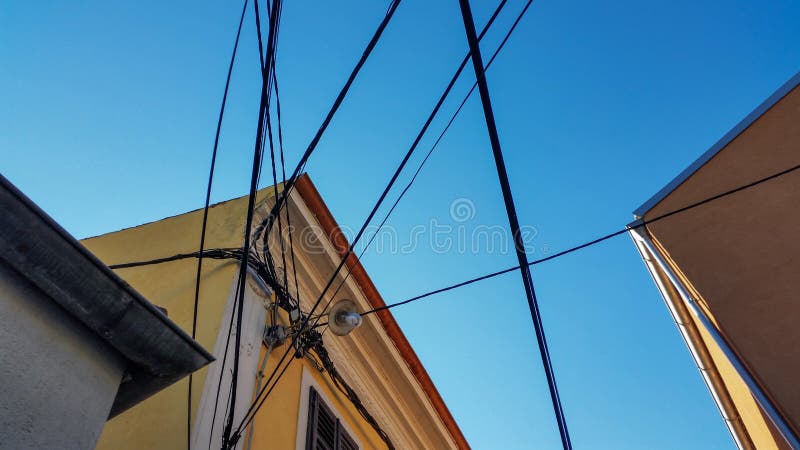 Electrical Wires on the Building Stock Image - Image of high, windows ...