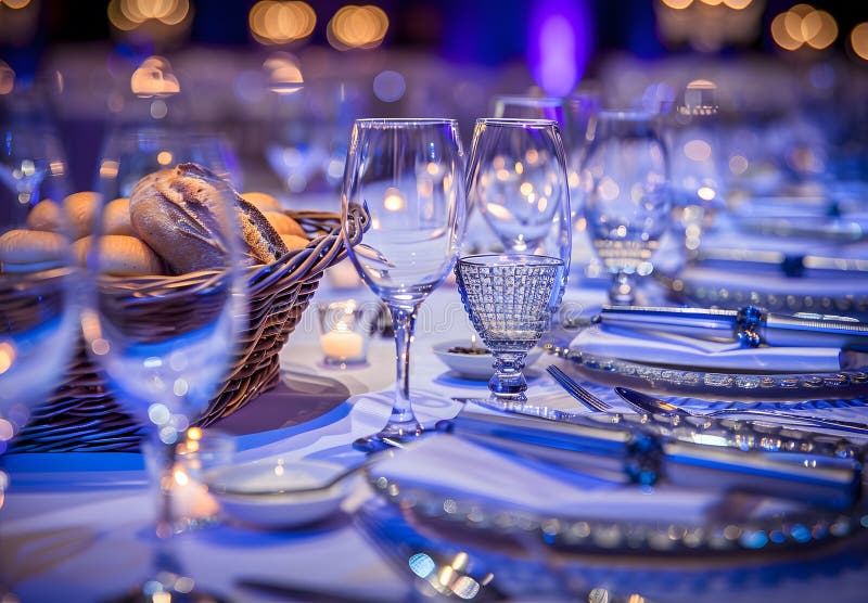 Elegant Gala Table Setting with Blue Mood Lighting Stock Illustration ...