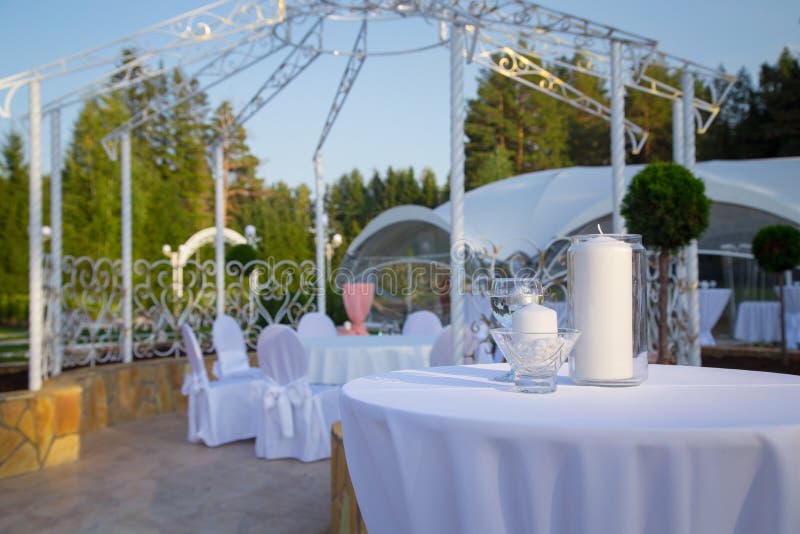 Photo of Empty Wedding Table with White Tablecloth Stock Photo - Image ...