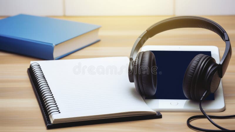 Headphones and Notebook on Table, Productivity Tools for Work and Study ...