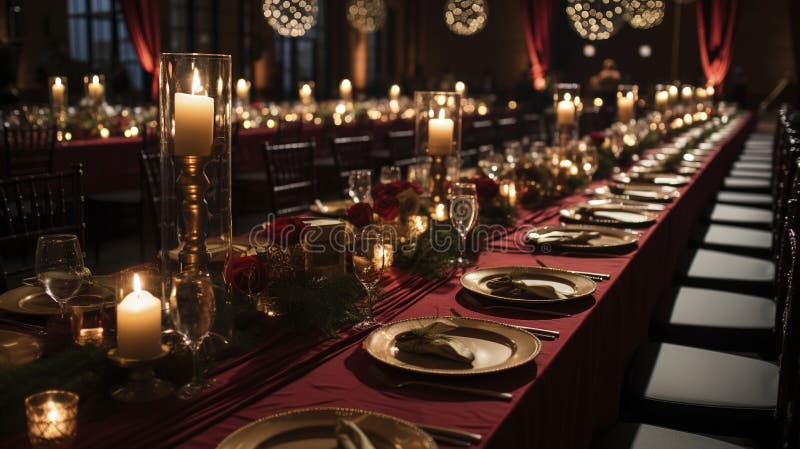 A Photo of an Event Venue Banquet Hall with Long Dining Tables Stock ...