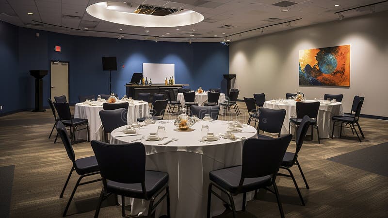 A Photo of an Event Venue Conference Room with Round Table Setup Stock ...