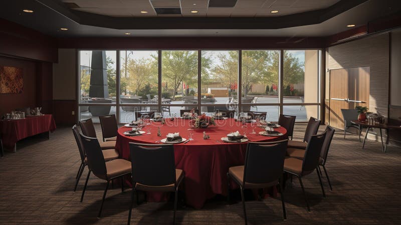 A Photo of an Event Venue Conference Room with Round Table Setup Stock ...